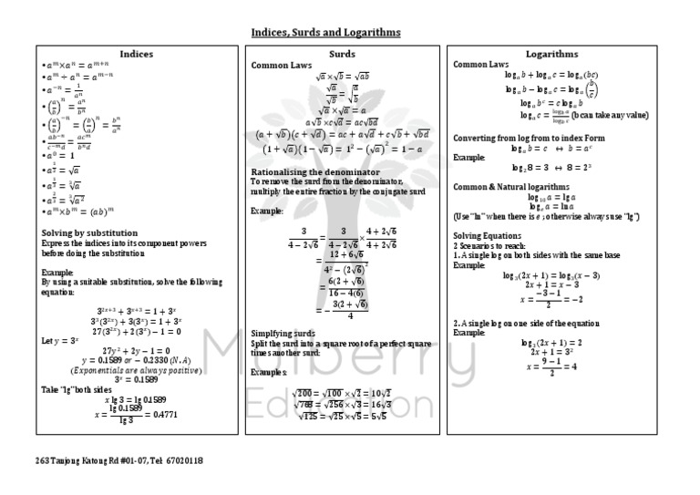 Indices Surds & Logarithms Notes | PDF | Logarithm | Mathematics
