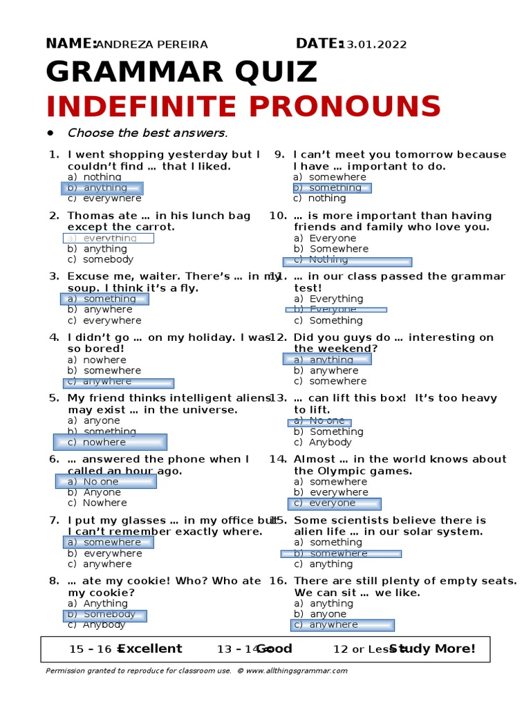 Indefinite Pronouns: Grammar Quiz | PDF
