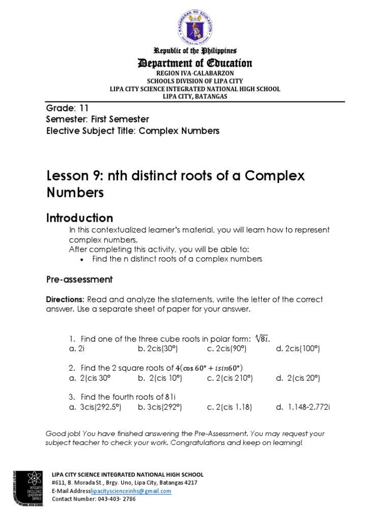 Lesson 9: NTH Distinct Roots of A Complex Numbers | PDF | Complex ...