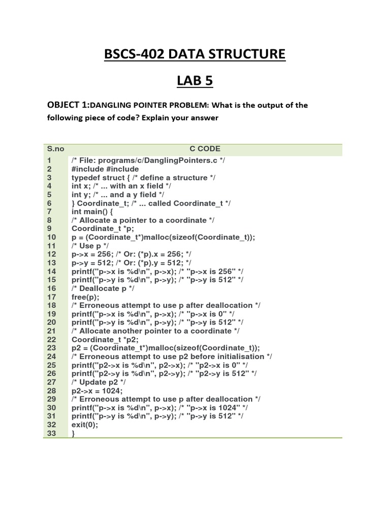 Bscs-402 Data Structure Lab 5: Object 1 | PDF | Pointer (Computer Programming) | Computer ...