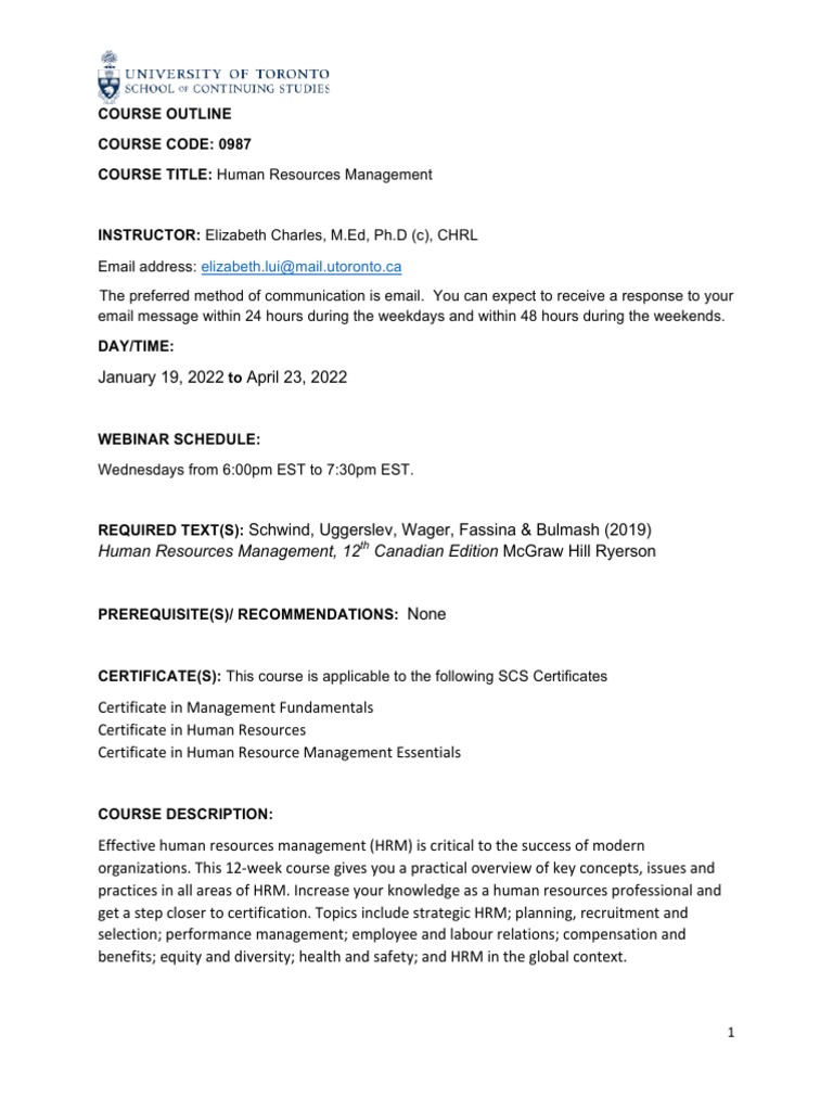 0987-178 HRM Course Outline Winter 2022 Session | PDF | Test ...