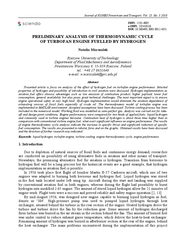 Preliminary Analysis of Thermodynamic Cycle of Turbofan Engine Fuelled ...