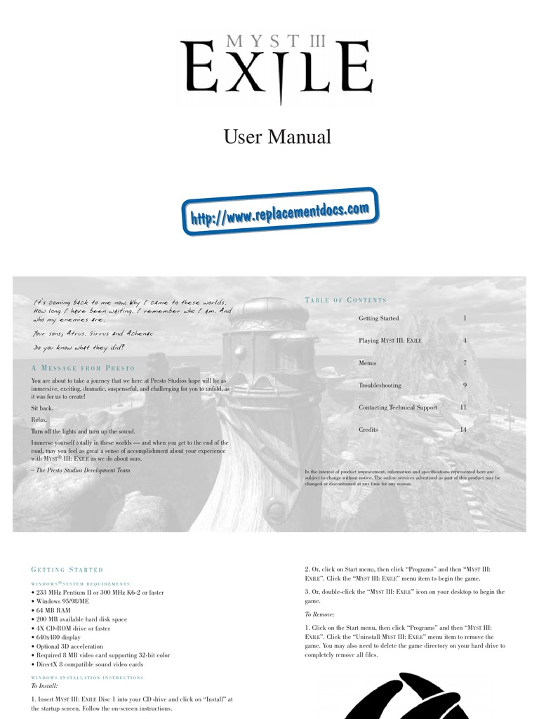 Myst III - Exile - Manual - PC | PDF | Menu (Computing) | Computer Keyboard