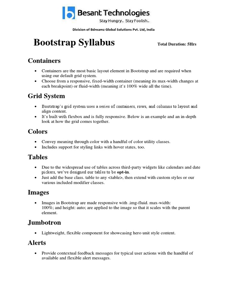 Bootstraptemp Syllabus Besant Technologies Pdf Bootstrap Front End Framework Software 6321