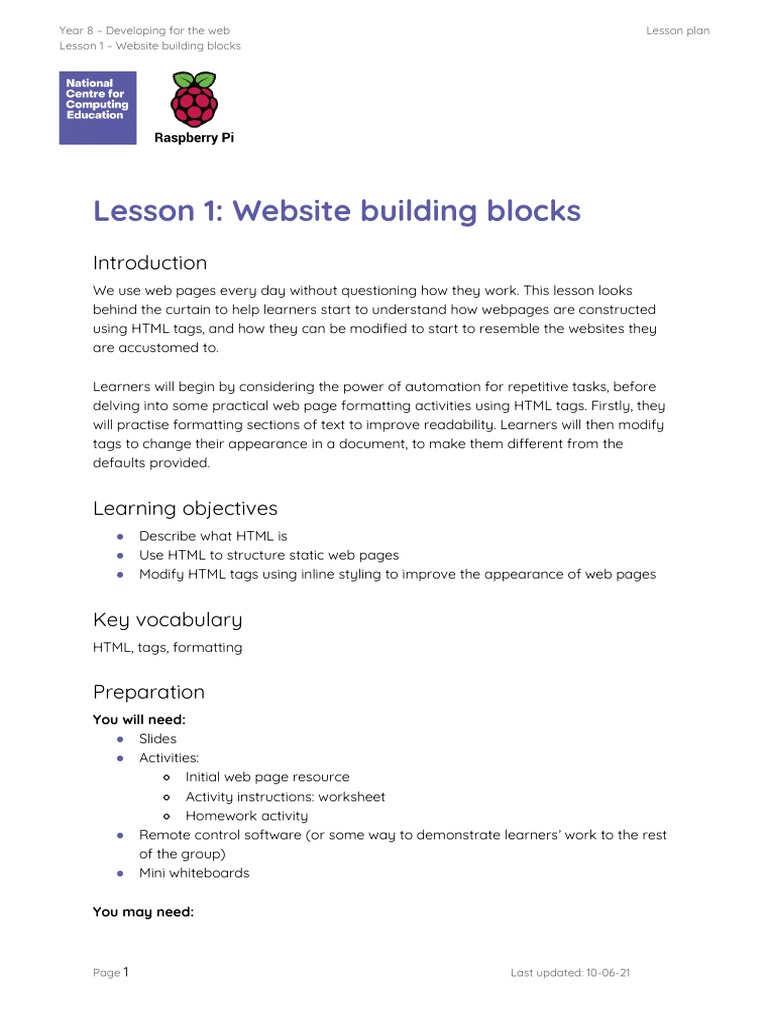 Year 8 HTML Web Development Lesson | PDF | Html Element | Html