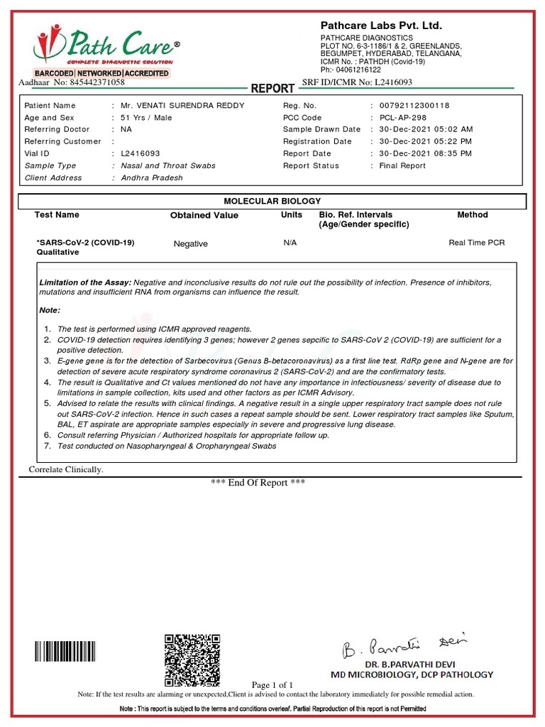 Pathcare Labs COVID-19 test report for Mr. VENATI SURENDRA REDDY | PDF ...