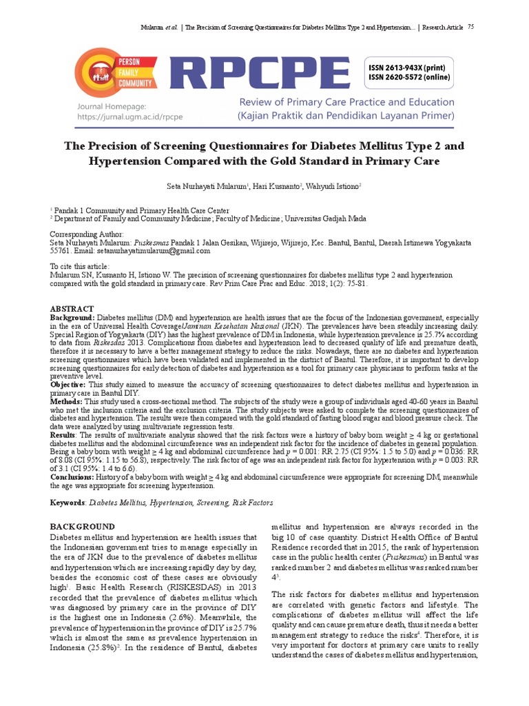 The Precision of Screening Questionnaires For Diab | PDF | Hypertension ...