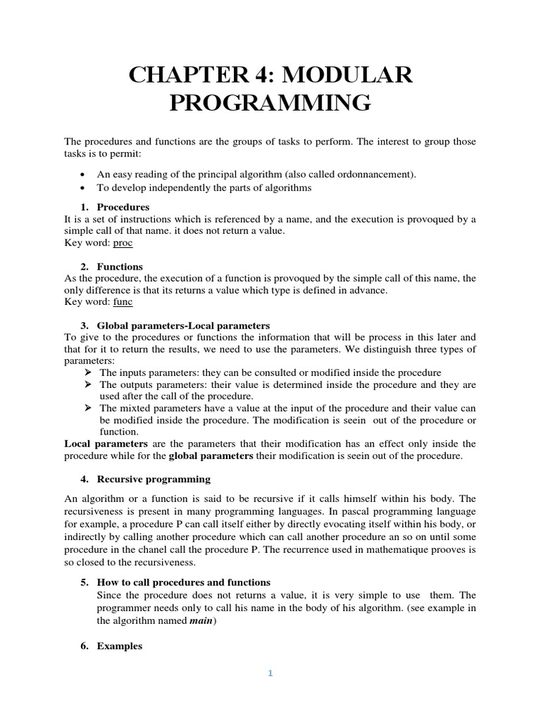 Chapter 4 Modular Programming 1 Procedures Pdf Subroutine Parameter Computer Programming