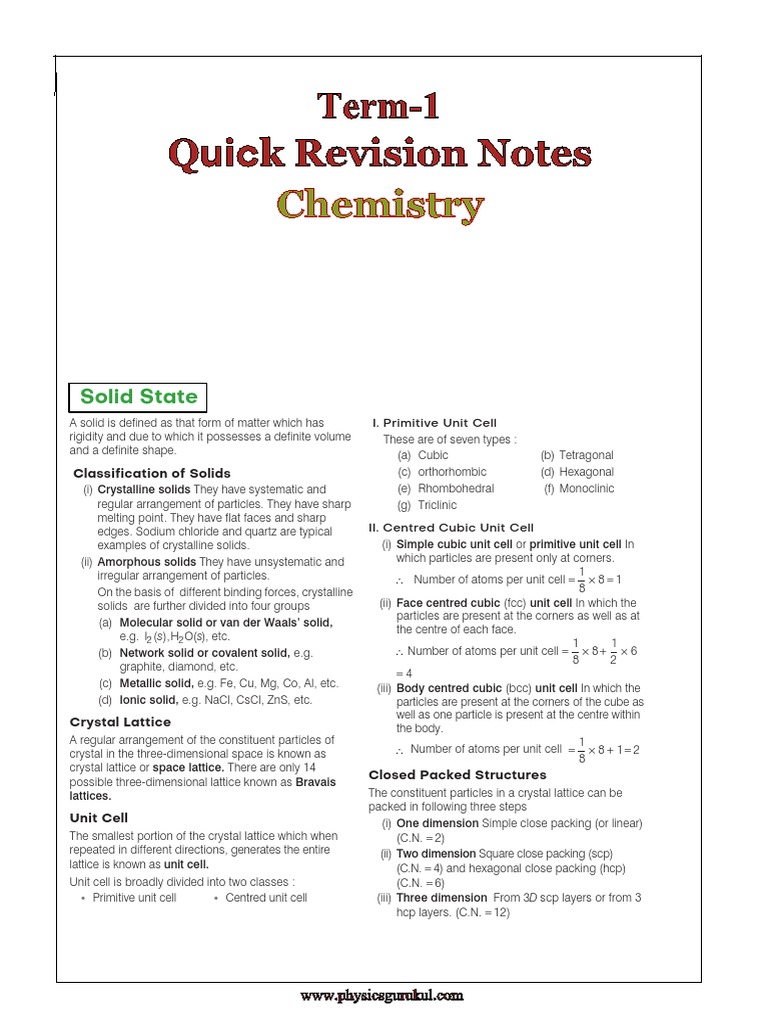 Quick Revision Notes Class 12 Chemistry Term 1 1 | PDF | Crystal ...
