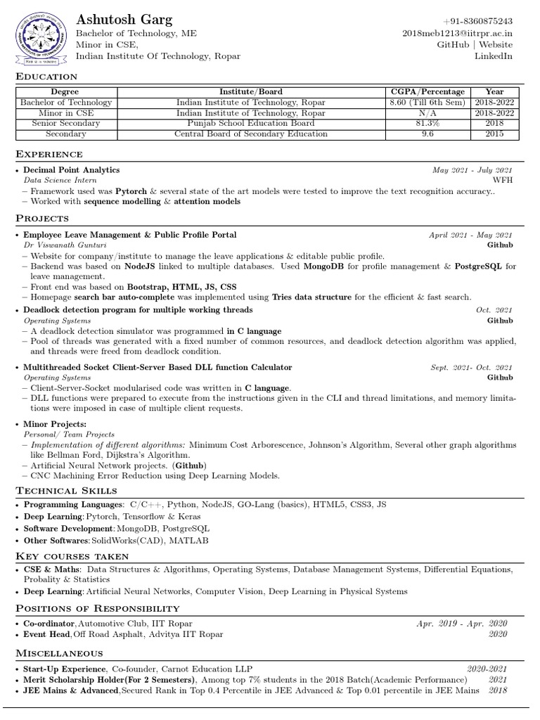 Sde Profile Ashutosh 1 1 | PDF | Thread (Computing) | Deep Learning
