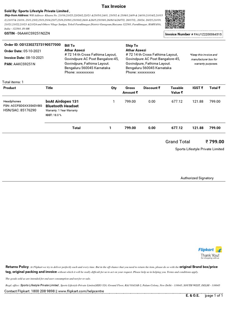 Tax Invoice for boAt Headphones | PDF | Economies | Payments
