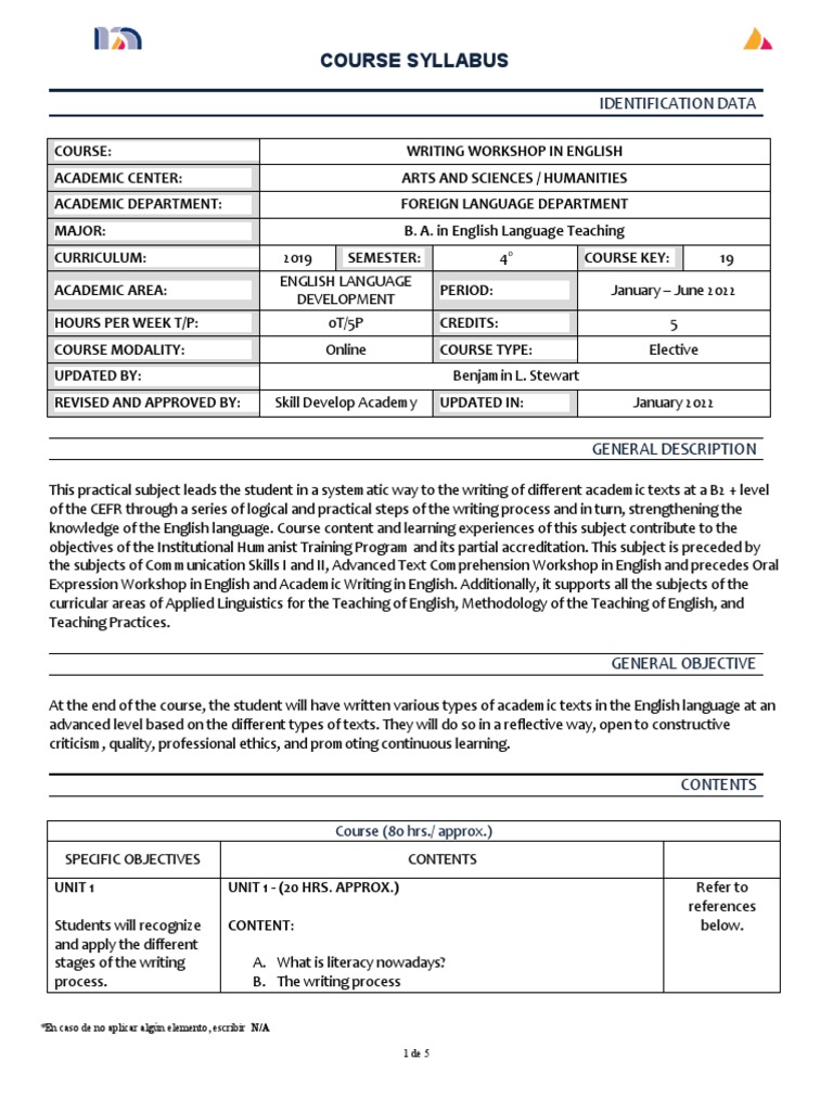 Writing Workshop Syllabus 2022 | PDF | English Studies | Curriculum