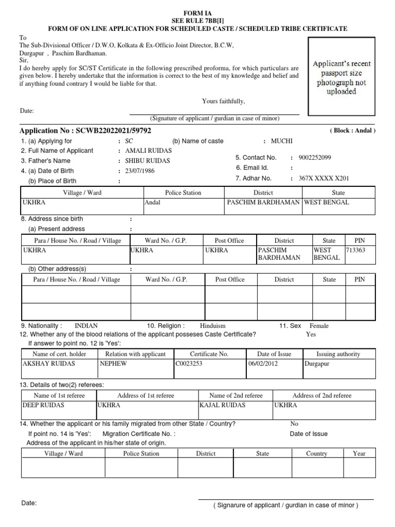 Application for Scheduled Caste/Scheduled Tribe Certificate | PDF