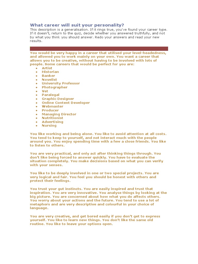 What Career Will Suit Your Personality | PDF | Self-Improvement
