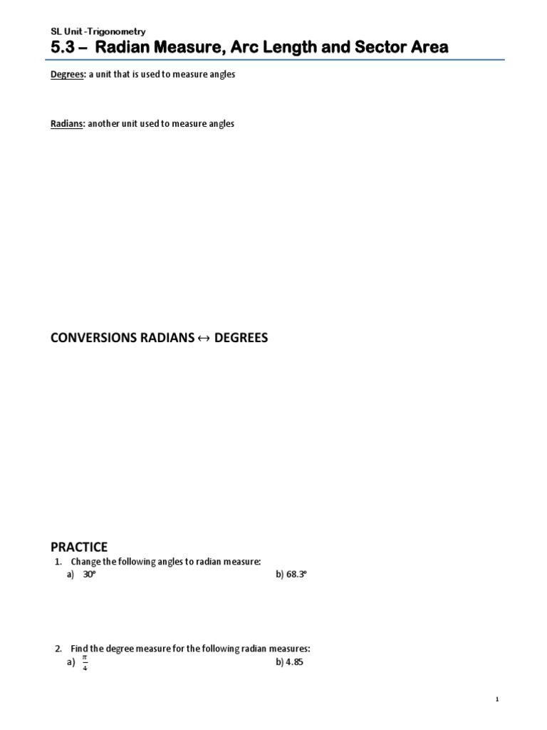 Radian Measure, Arc Length and Sector Area | PDF | Science & Mathematics