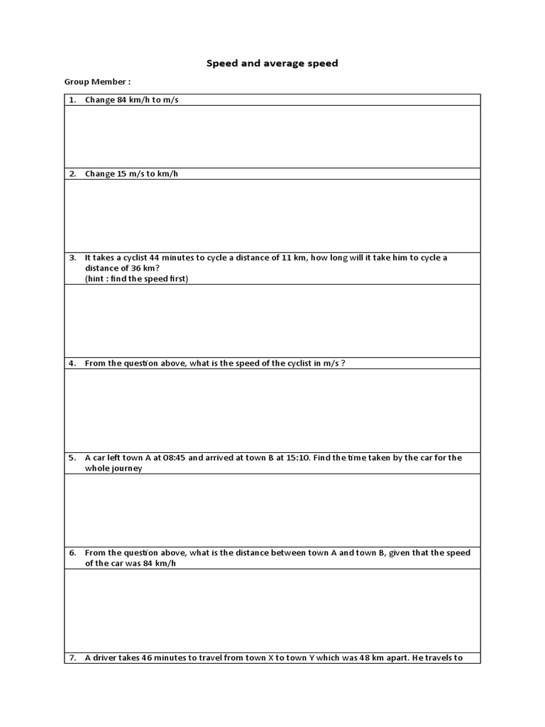 Speed and Average Speed Worksheet | PDF