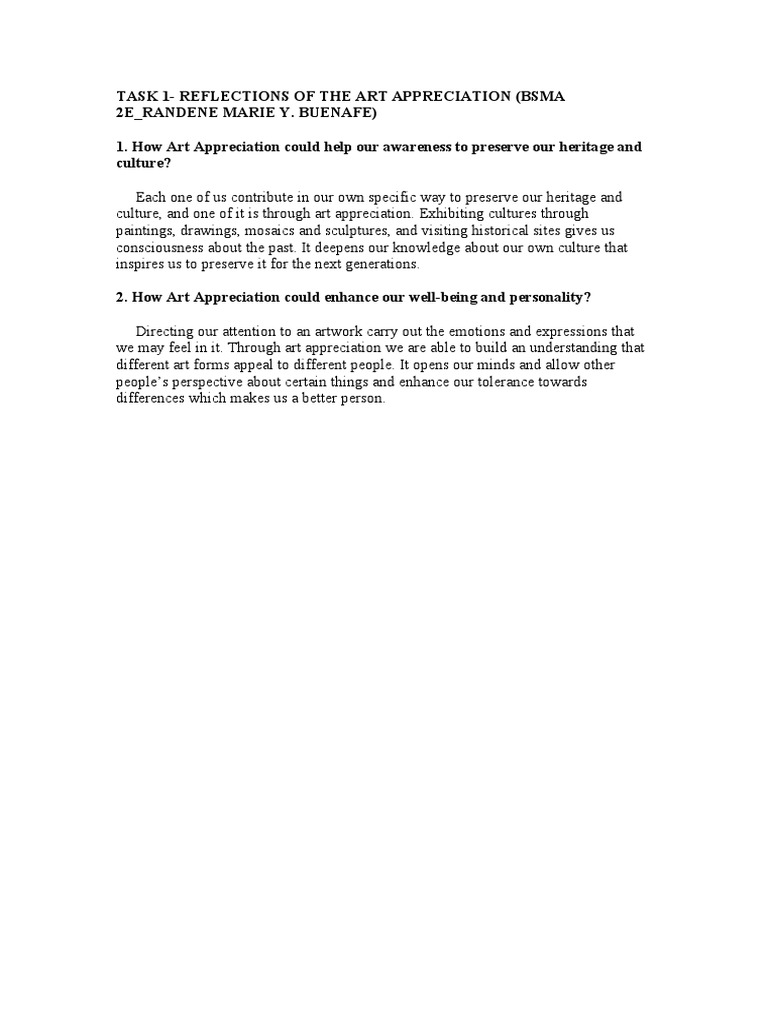Task 1 - Reflections of The Art Appreciation (Bsma 2e - Randene Marie Y. Buenafe) | PDF | Art
