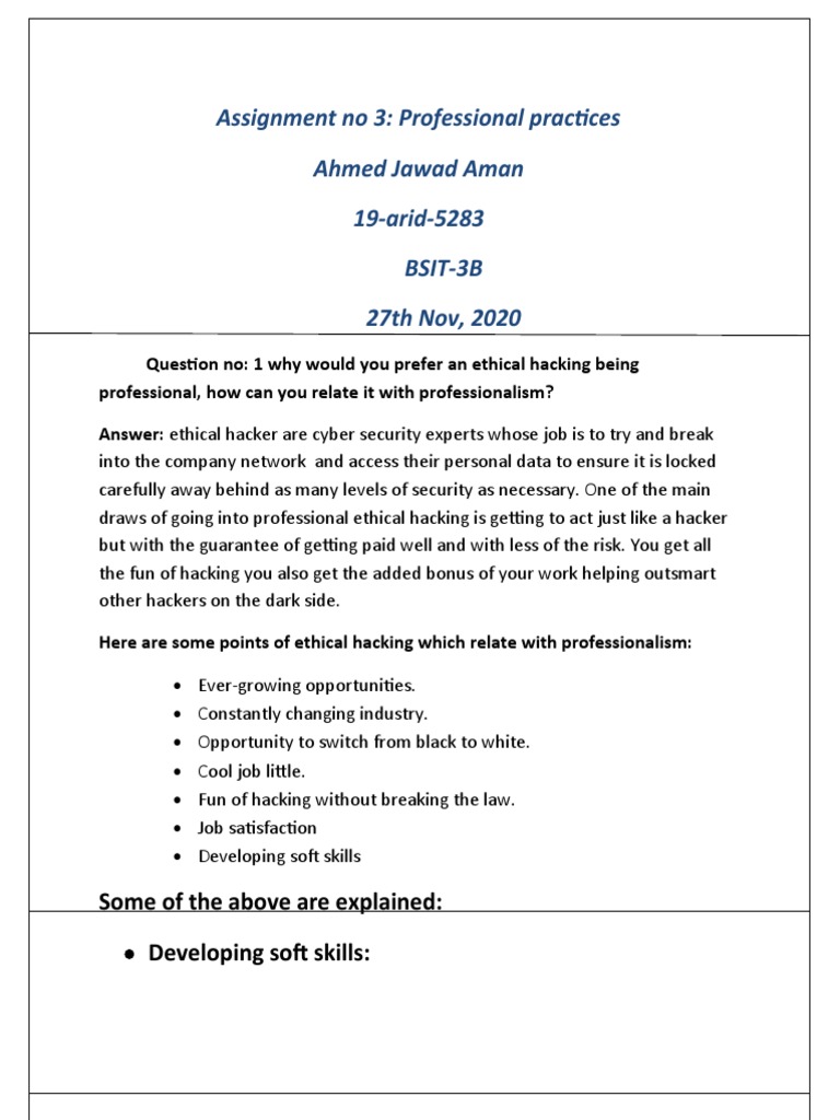 Assignment No 3: Professional Practices Ahmed Jawad Aman 19-Arid-5283 Bsit-3B 27th Nov, 2020 | PDF