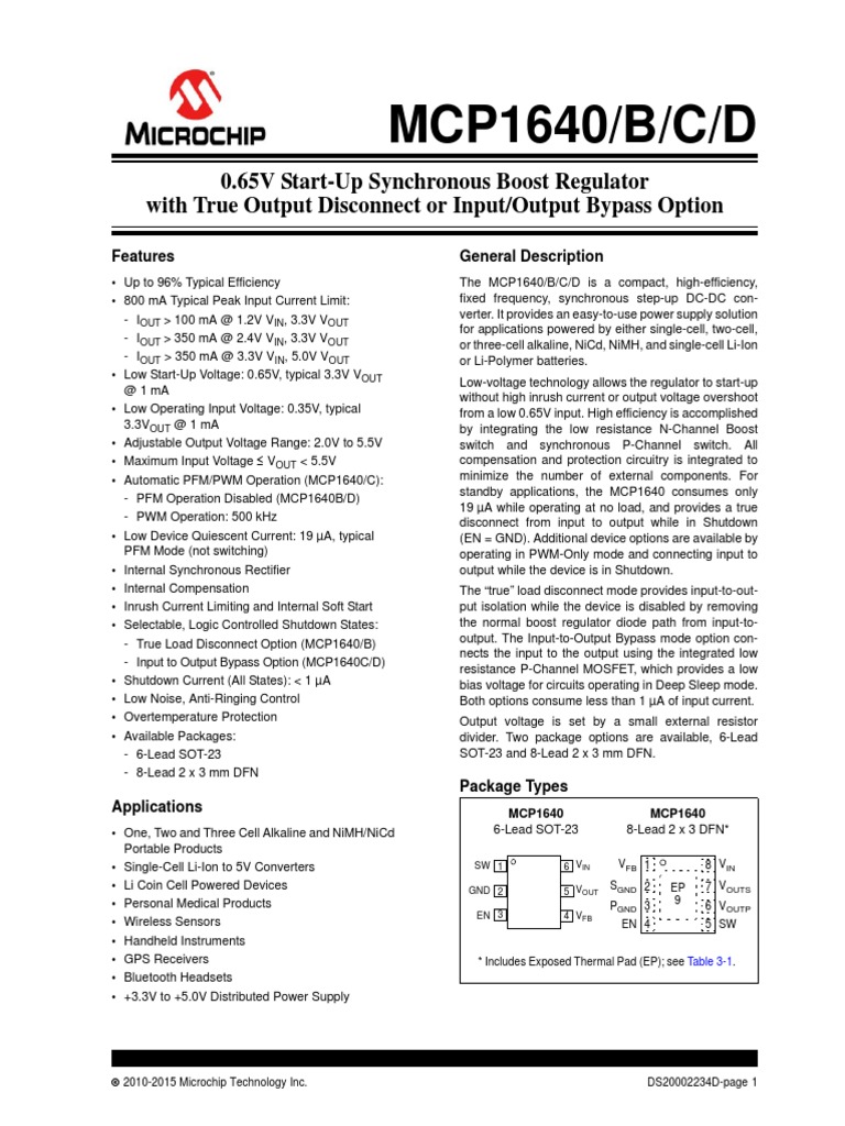 MCP1640/B/C/D: 0.65V Start-Up Synchronous Boost Regulator With True ...