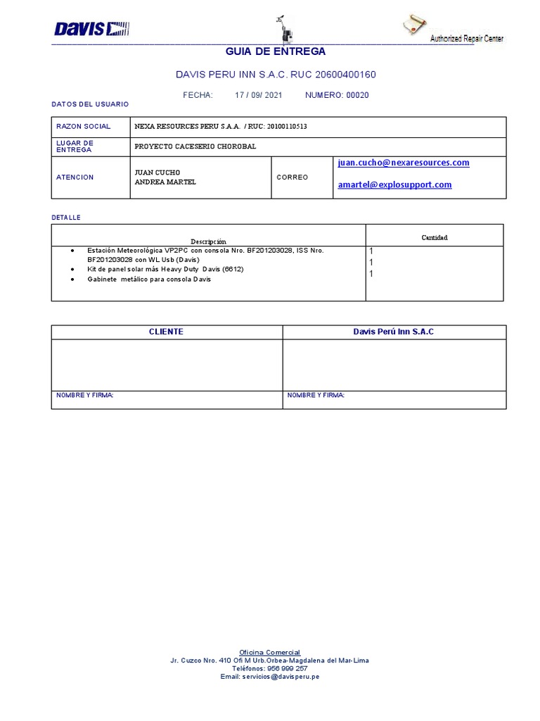 Guia de Entrega 00020 Nexa Resources - Proyecto Chorobal | PDF