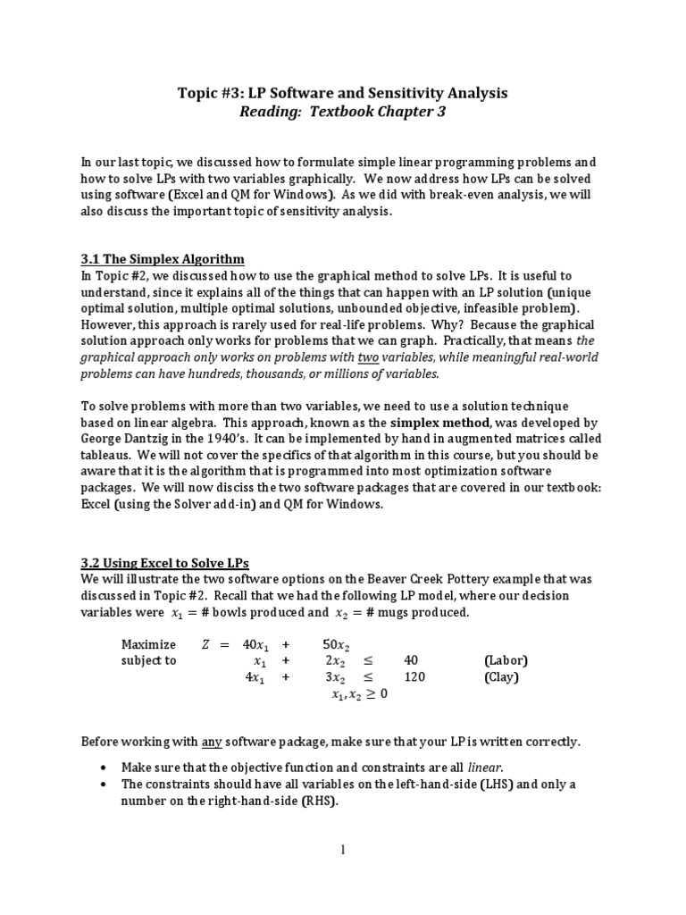 Topic 3 - LP Software and Sensitivity Analysis | PDF | Mathematical Optimization | Linear ...