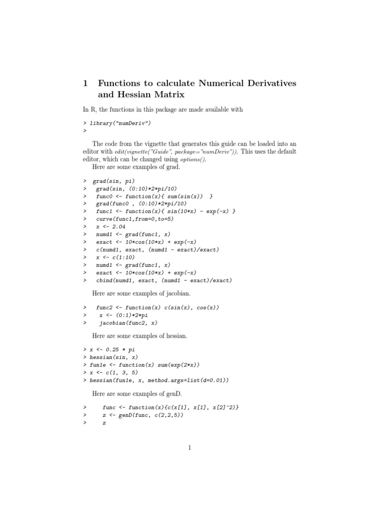 1 Functions To Calculate Numerical Derivatives and Hessian Matrix | PDF ...