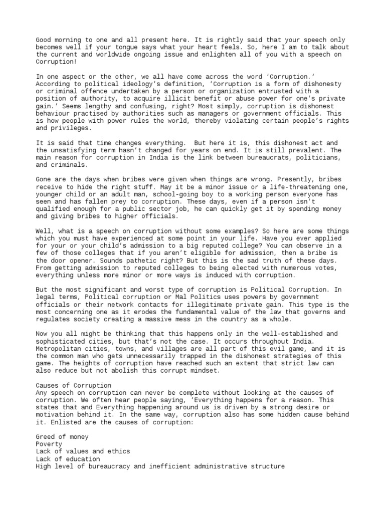 Corruption Speech | PDF | Corruption | Political Corruption