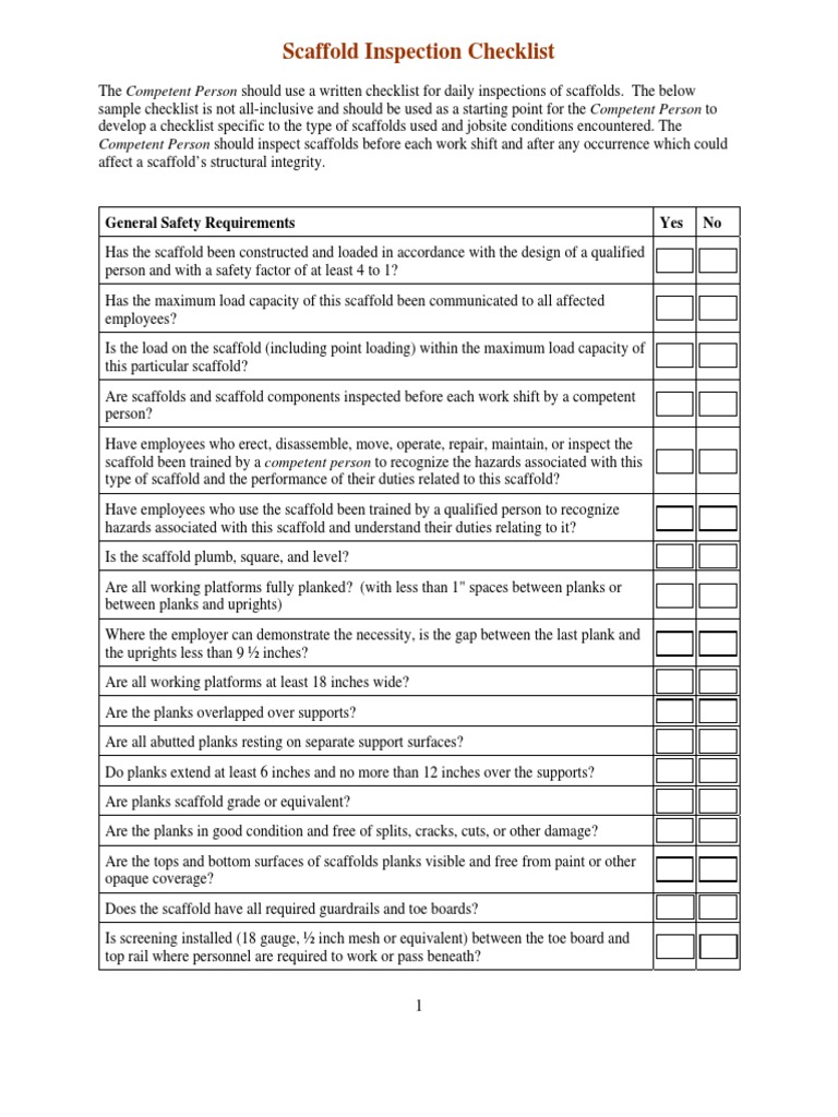 Scaffold Inspection Checklist | PDF | Scaffolding | Economic Sectors