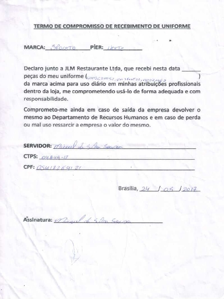 Termo de Recebimento de Uniforme | PDF Termo de Recebimento de Uniforme | PDF