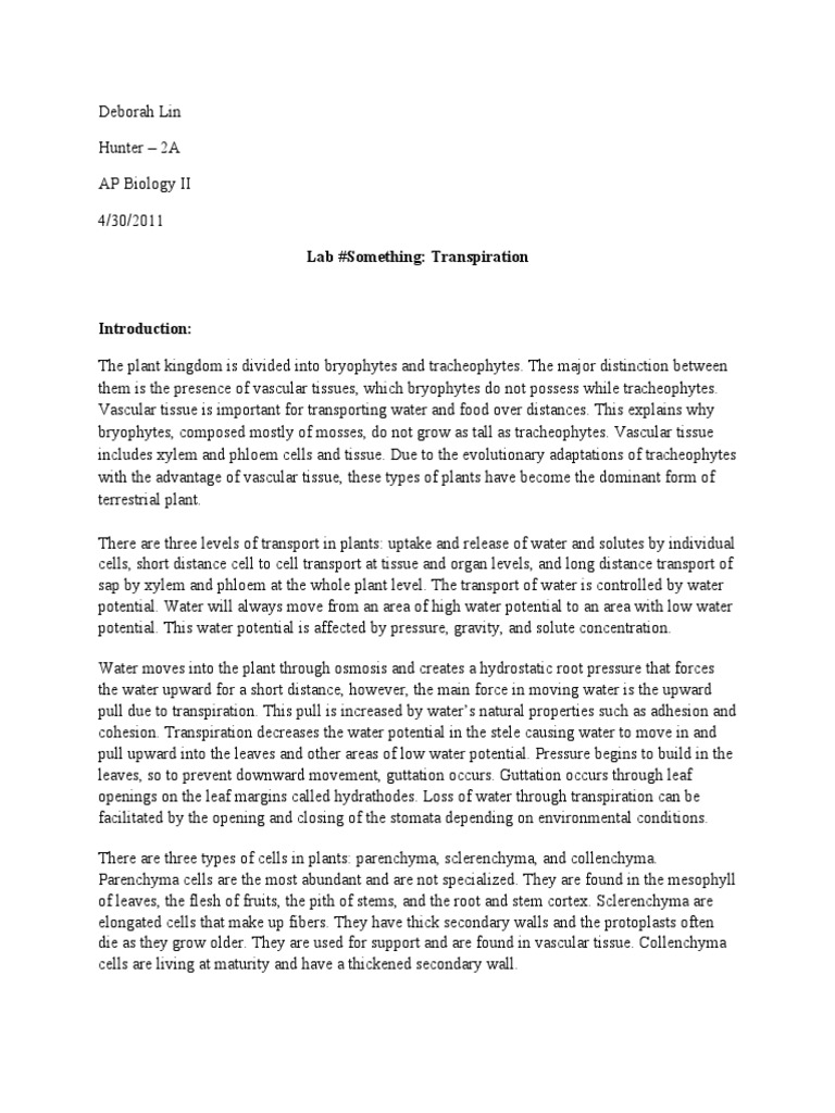 Lab 9 Transpiration | PDF | Leaf | Stoma