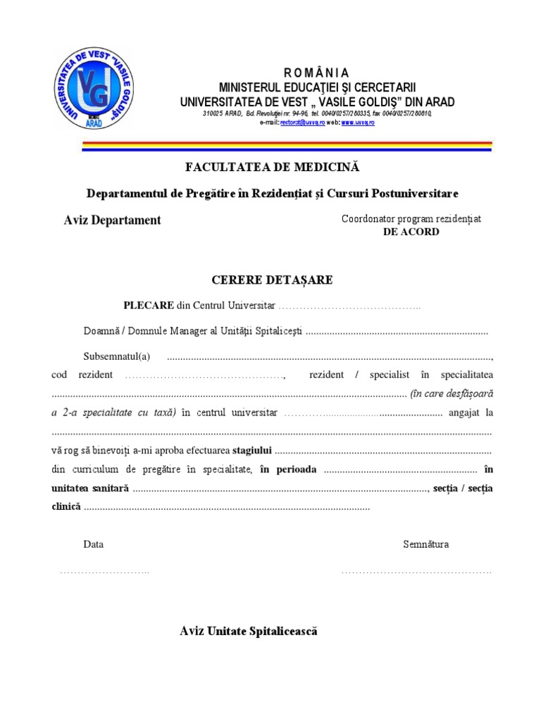 Cerere Detasare Plecare PT Unitate Spitaliceasca | PDF