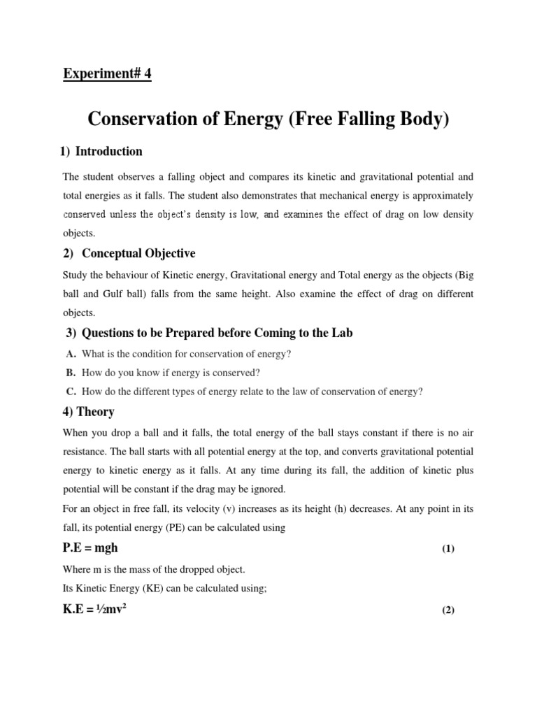 Experiment 4 - Conservation of Energy (Free Falling Body) | PDF ...