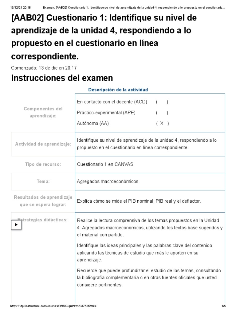 Examen - (AAB02) Cuestionario 1 - Identifique Su Nivel de Aprendizaje ...