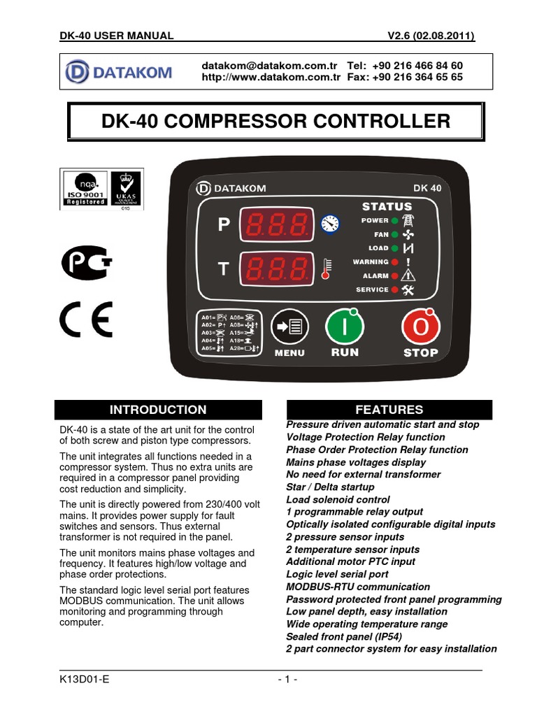 DK-40 Compressor Controller Manual | PDF | Power Supply | Electrical ...
