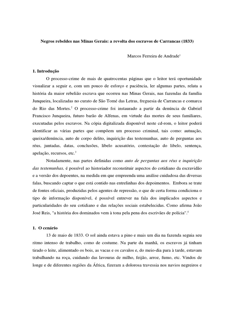 Negros Rebeldes Nas Minas Gerais: A Revolta Dos Escravos de Carrancas ...
