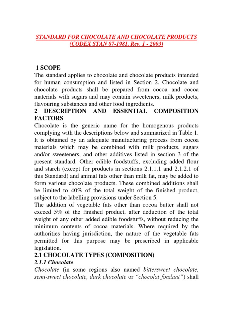 Standard For Chocolate and Chocolate Products (CODEX STAN 87-1981, Rev ...