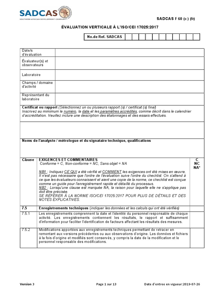 SADCAS F 60c (FR) - Évaluation Verticale À L'ISO CEI 17025 - 2017 ...