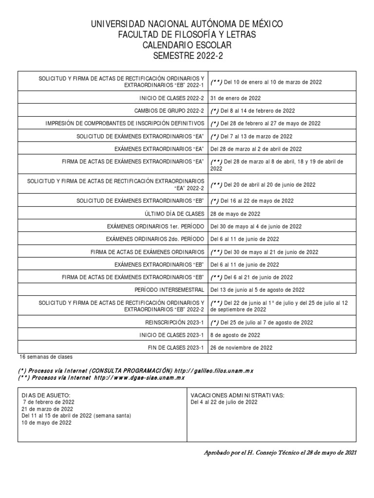 Calendario Escolar UNAM 2022-2 | PDF