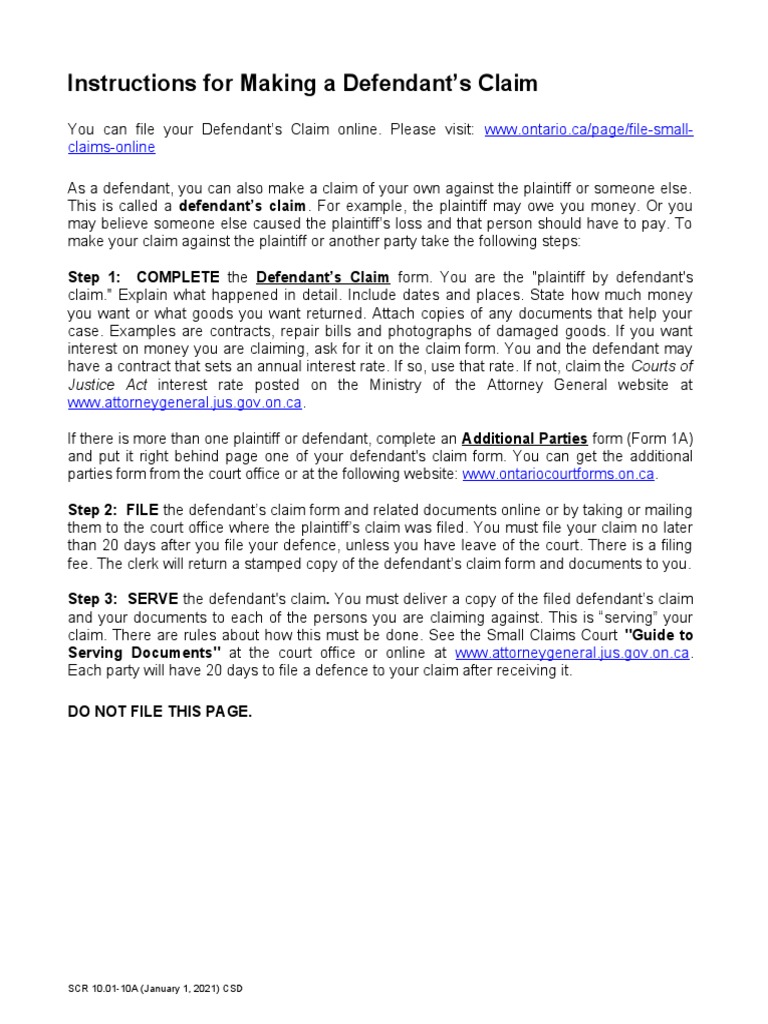 Instructions For Making A Defendant's Claim: WWW - Ontario.ca/page/file ...