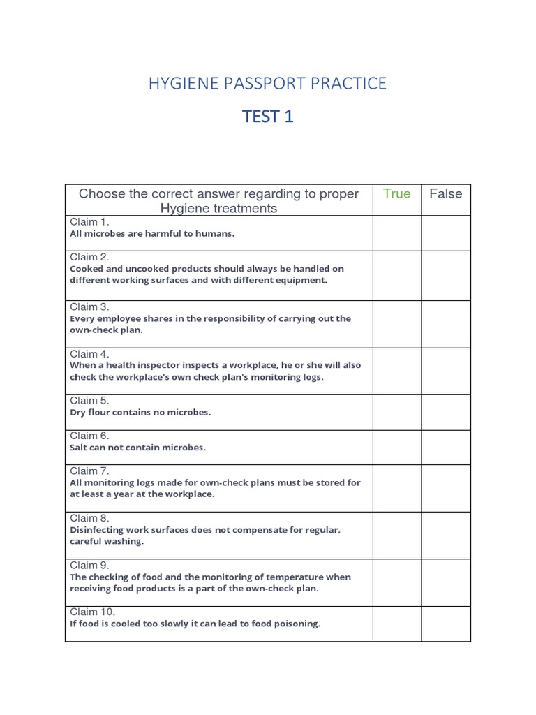 Hygiene Passport Practice Test Guide | PDF | Foods | Foodborne Illness