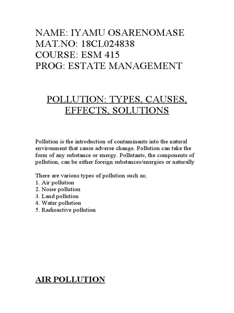 Pollution Types, Effects Solutions | PDF | Sewage Treatment | Air Pollution