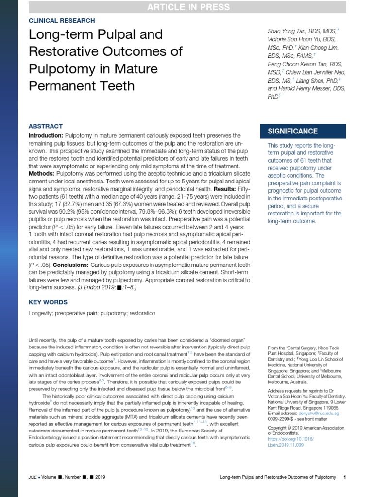 Pulpotomy in Mature Permanent Teeth | PDF | Dentistry Branches ...