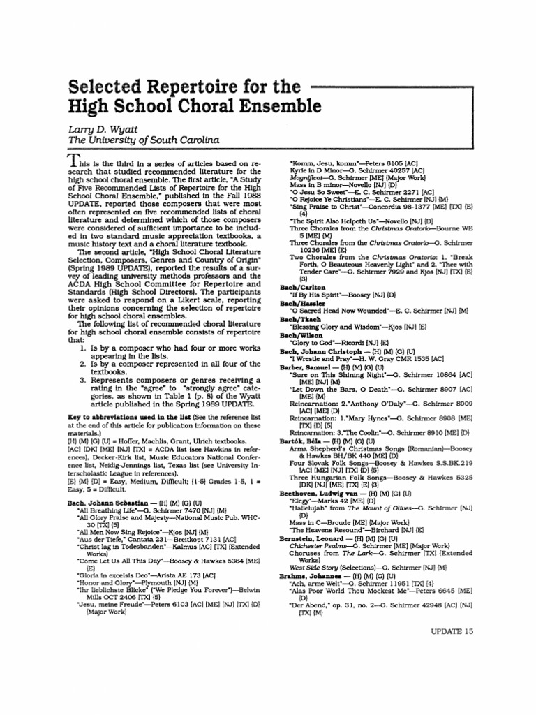 Selected Repertoire For The High School Choral Ensemble | PDF ...