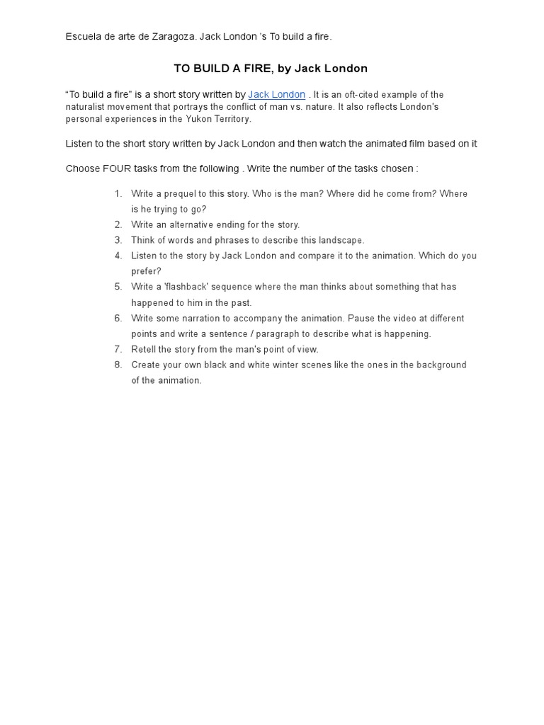 Jack London's To Build a Fire: Tasks & Analysis | PDF | Young Adult ...
