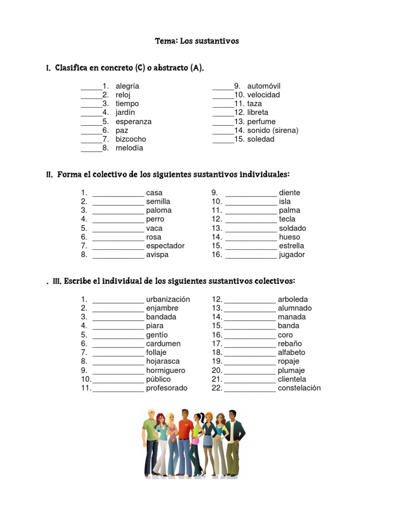Ejercicios Sustantivos Abst Concr Indiv Colect | PDF | Estudios de idiomas extranjeros