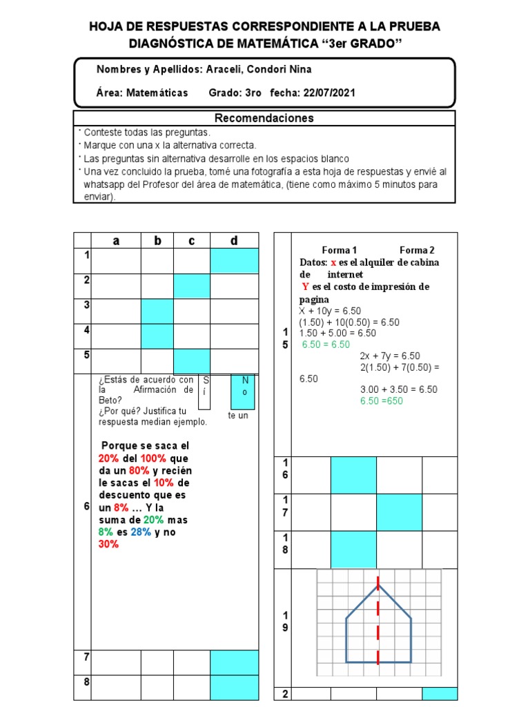 Hoja de Respuestas Prueba Matemáticas 3ro | PDF