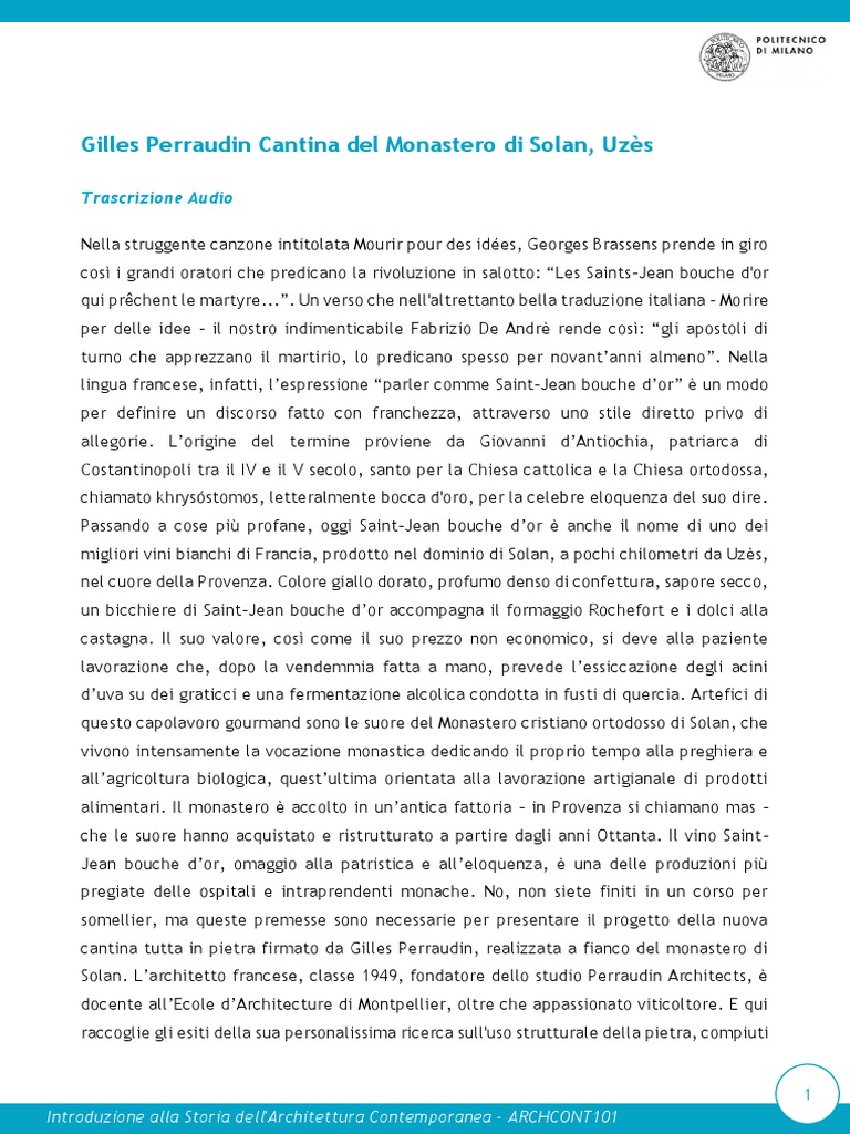 Gilles Perraudin Cantina Del Monasterio Di Solan | PDF