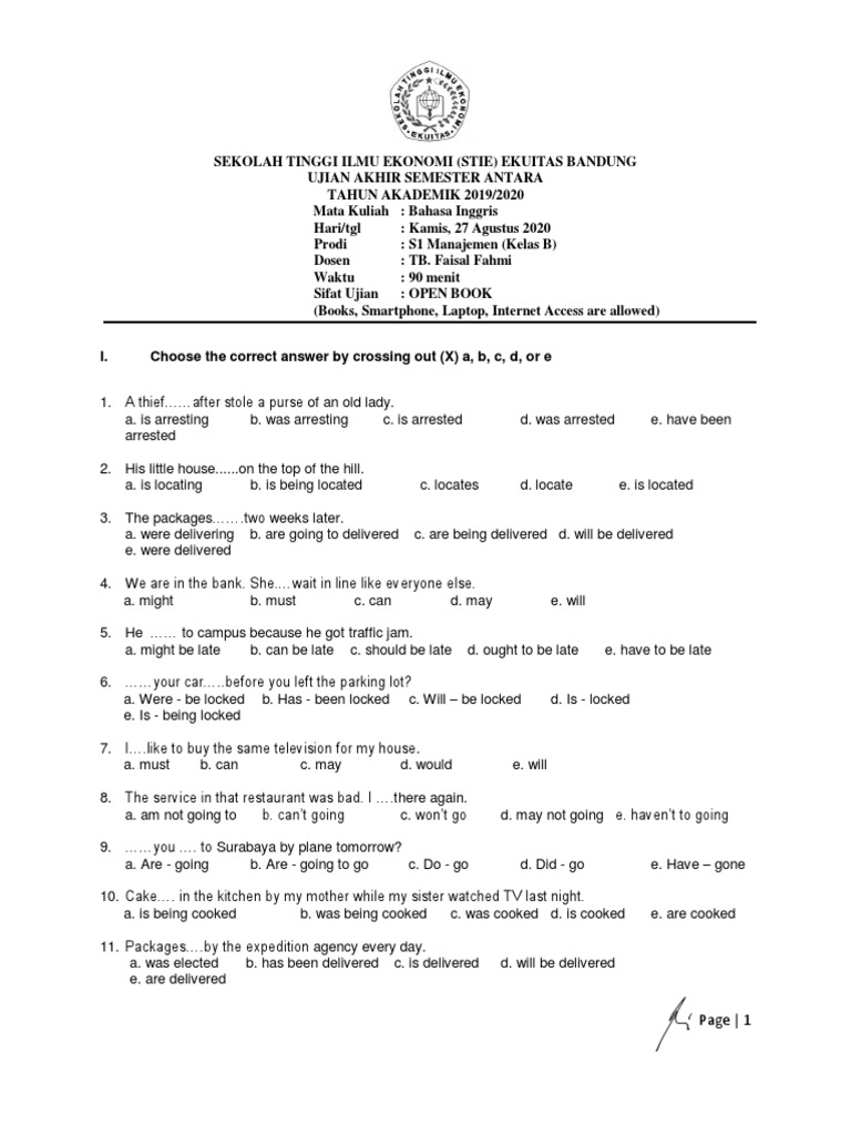 Midterm Exam for English Language Course Analyzes Grammar Concepts ...