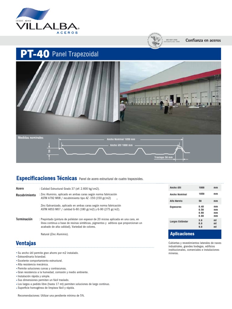 Panel Trapezoidal PT-40: Especificaciones | PDF | Materiales ...