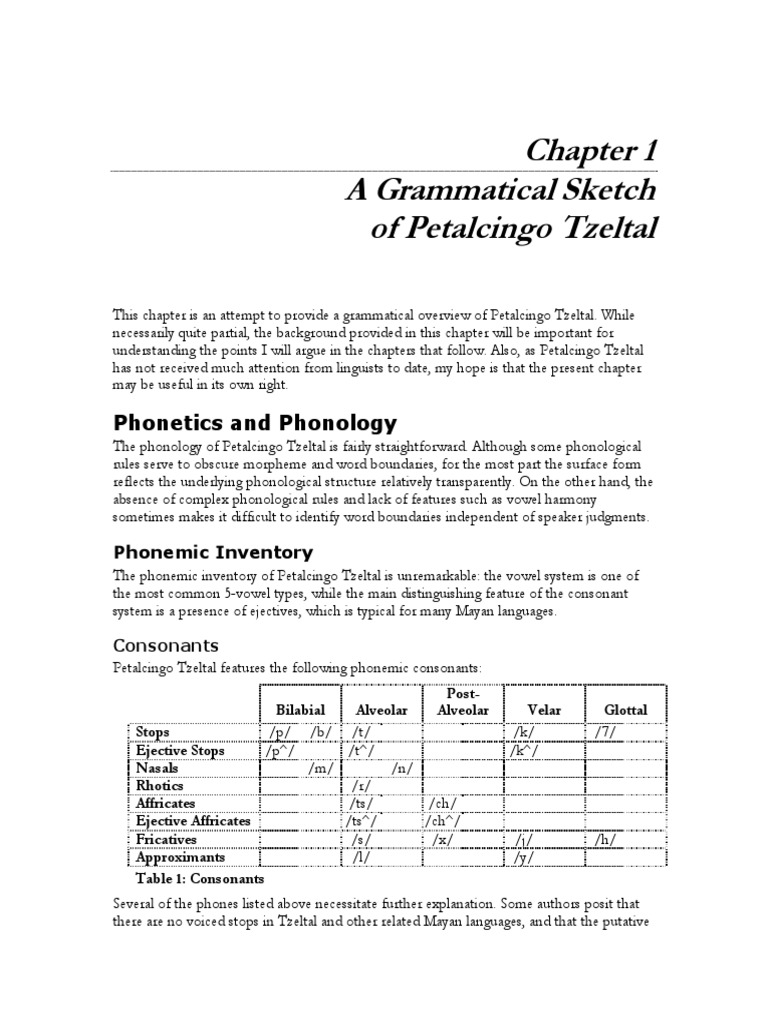 Tzeltal, A Grammatical Sketch of Petalcingo | PDF | Syllable | Verb